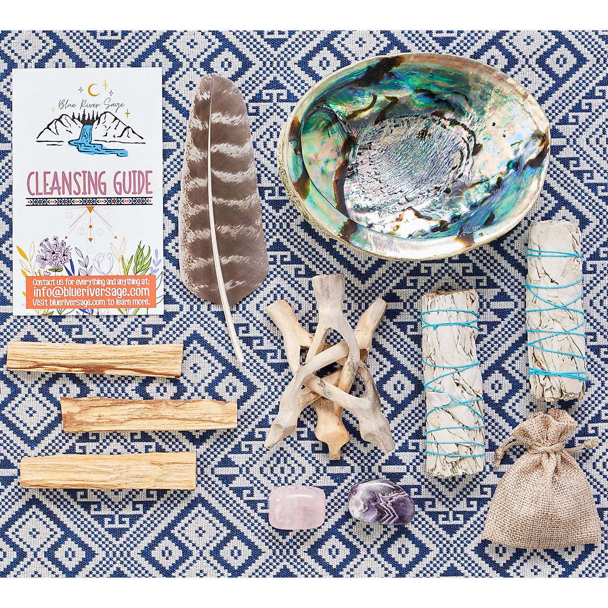 Home Cleansing & Smudging Kit with White Sage, Palo Santo, Abalone & Stand, Smudge Feather & Guide - Smudge Kit with Sage Smudge Sticks