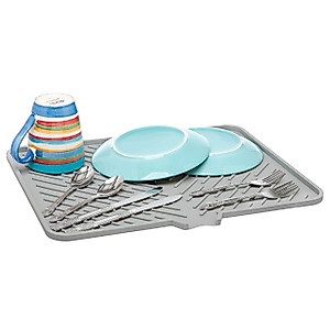 Luxet Silicone Dish Drying Mat with Built-in Drain Lip - Hygienic Drying Pad - Sturdy Compact Easy to Clean Tray Protects Surfaces Prevents Water Build Up -16.5 x 13 Inches (grey)