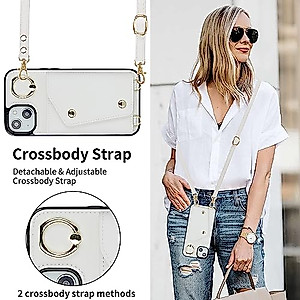 Lipvina for iPhone 13 Case Wallet with Strap for Women,Crossbody Lanyard and Wristlet Strap,Zipper Pocket,Credit Card Holder,Ring Stand,RFID Blocking Phone Wallet Cases(6.1 inch,White)