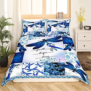 Feelyou Dragonfly Duvet Cover Set Blue Roses Printed Comforter Cover for Women Adults Retro Patchwork Design Bedding Set 1 Duvet Cover & 2 Pillowcases Queen Size