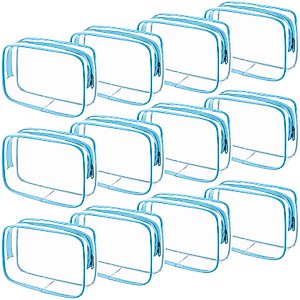 Weewooday 12 Pieces Clear Cosmetics Bag PVC Zippered Clear Toiletry Carry Pouch Cosmetic Makeup Bag Waterproof Makeup Vinyl Plastic Organizer Case for Vacation Bathroom(Blue,Medium)
