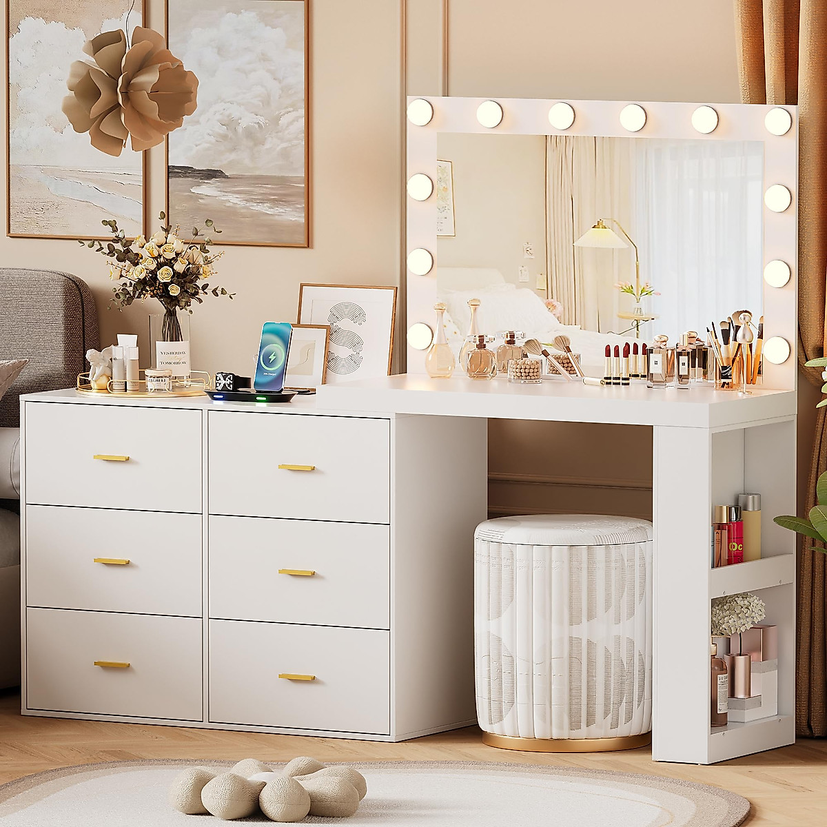 PakaLife Makeup Vanity with Mirror and 3-Color Lights, Vanity Desk Dressing Table with Charging Station,6 Drawers,Side 2 Storage Shelves for Bedroom,White