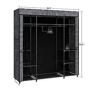 Hzuaneri Closet Wardrobe, 64.5-inch Portable Closet for Bedroom, 3 Clothes Rail Clothes Rail with Fabric Cover, Clothes Storage Organizer, 64.5 x 17.3 x 70 Inches, 9 Compartments, Black WO0203BC