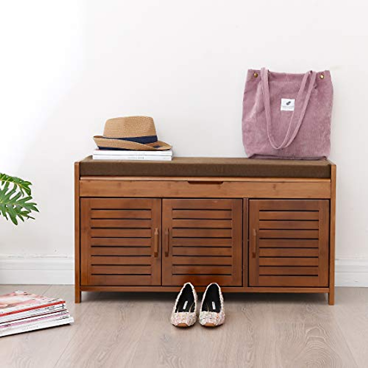 K KELBEL Wooden Shoe Storage Organizer & Cabinet & Rack Bench for Closet, Entryway, Window & Outdoor Bench, Boot Organizing Detachable Cushion with Hidden Storage Compartment, Large Size