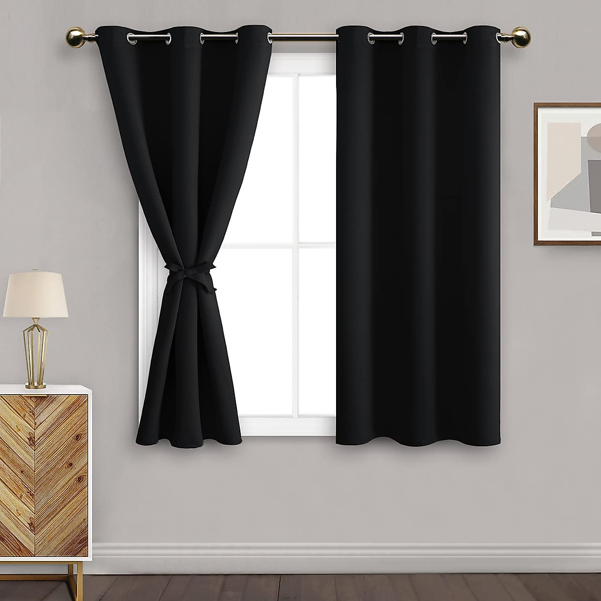 DWCN Black Blackout Curtains for Bedroom with Tiebacks - Thermal Insulated Light Blocking Grommet Window Curtains for Living Room, 38 x 45 inch Length, Set of 2 Panels