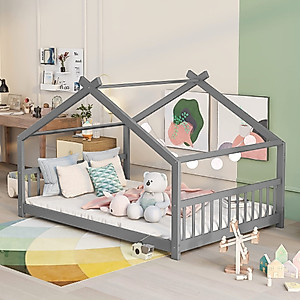 Harper & Bright Designs Full Size House Bed for Kids, Full Bed Frame with Headboard and Footboard, Wooden Kids House Bed for Girls Boys Bedroom Furniture, No Box Spring Needed, Grey