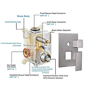 BWE 12 Inch Shower System Brushed Nickel Waterfall Faucet Tub Complete with Spout Set Square Luxury Rain Mixer Pressure Balancing 3-Function Wall Mount Rainfall Rough-in Valve Body and Trim Included