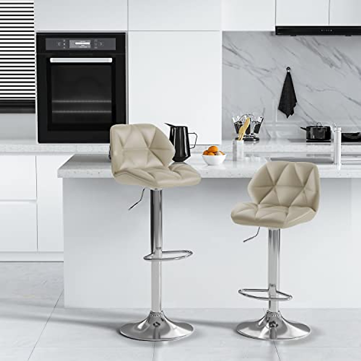 Cozy Castle Bar Stool Set of 2, Swivel Counter Stool, Vintage Adjustable Barstool, Diamond Padded Faux Leather Bar Chair, 24 to 32 Inch Height, Light Tan