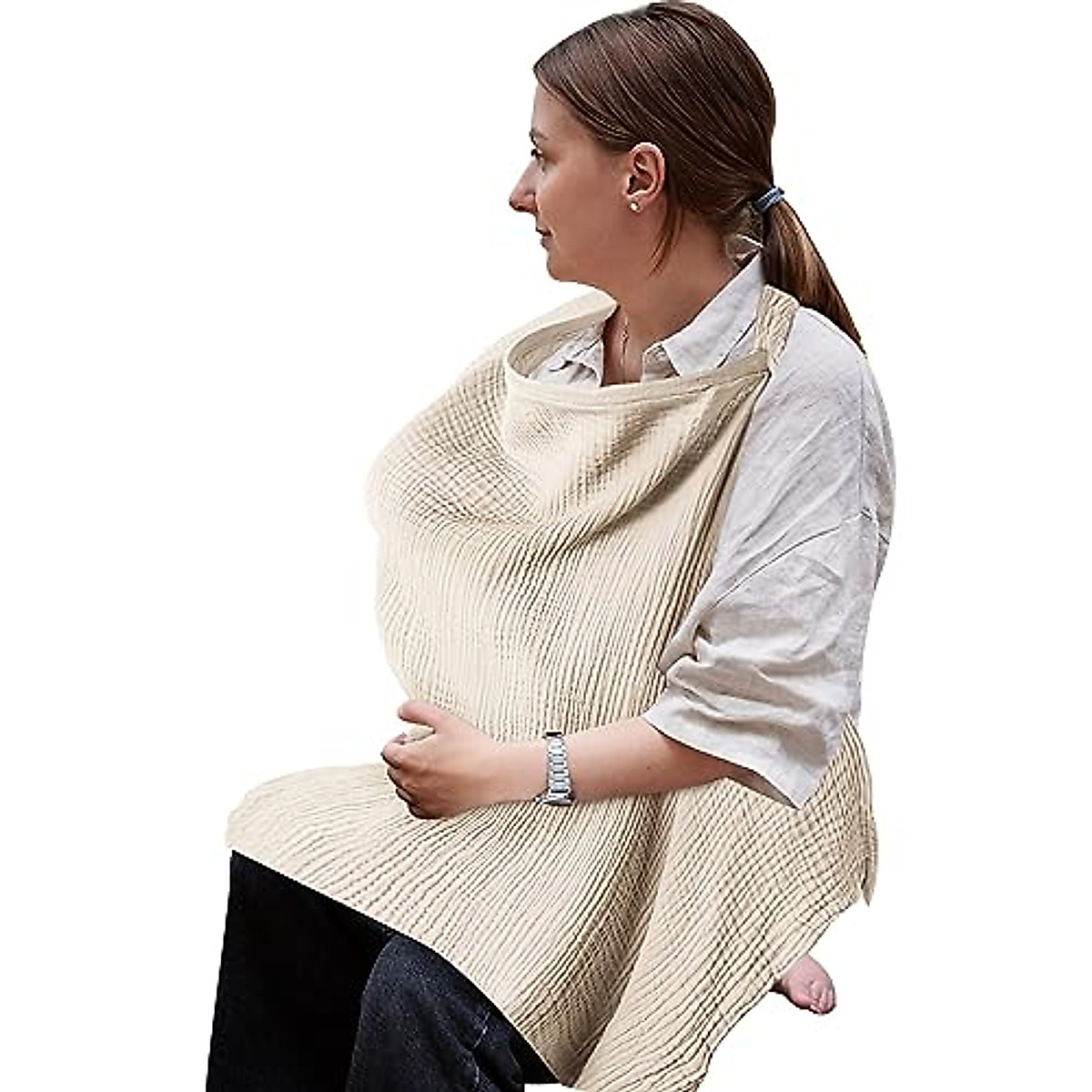 HealthSTEC Baby Nursing Cover - 360° Full Privacy Breathable Cotton Built-in Burp Cloth & Pocket - Versatile Cover for Breastfeeding Car Seat Shopping Cart Stroller (Khaki)