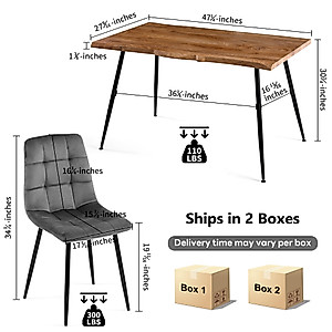 NORDICANA 5-Piece Dining Table Set, 47 in Modern Irregular Rectangle Kitchen Table & 4 Grey Velvet Upholstery Side Chairs, Metal Legs, Dining Room Set for 4