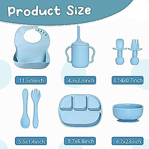 MumEZ Silicone Baby Feeding Set, Baby Led Weaning Supplies, 2 Pcs Adjustable Silicone Bibs, Baby Plates and Bowls with Suction, Baby Spoons Forks, Sippy Cup, Eating Utensils for 6+ Month(Ether)