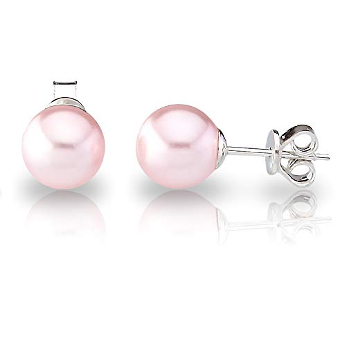 Genuine Fine European Crystal 8mm Round Simulated Pearl S925 Solid Sterling Silver Stud Earrings For Women (Crystal Pink)
