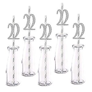 Silver Happy 22nd Birthday Straw Decor, Silver Glitter 24pcs Cut-Out Number 22 Party Drinking Decorative Straws, Supplies