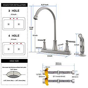 GOWIN Brushed Nickel Kitchen Faucet with Side Sprayer, 2-Handle High Arc 3 or 4 Holes 8 Inch Centerset Kitchen Sink Faucet for Rv Camper Sinks,Stainless Steel Farmhouse Faucet