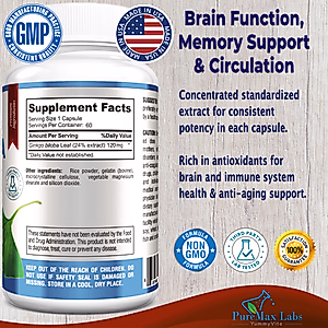 YUMMYVITE Ginkgo Biloba Capsules - Supports Brain Function, Memory Support & Circulation, Extra Strength Standardized Extract - 60 Capsules