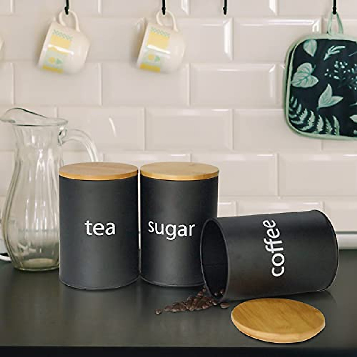 SOTECH Metal Food Storage Jar Farmhouse Coffee Canisters with Bamboo Lids,Black Kitchen Canisters Set of 3 Decorative Canisters for Kitchen Counter,Home Decor,Sugar Coffee and Tea Container Set
