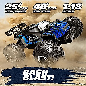 Tecnock RC Cars for Boys 8-12, 1:18 Scale 25 KM/H Fast Remote Control Car for Adults, 2.4GHz 2WD Off Road Monster Truck with 2 Rechargeable Batteries & LED Lights, Toys Gifts for Kids