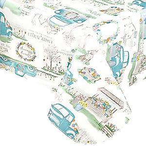 Newbridge Nostalgic Easter Market Farm Truck Vinyl Flannel Backed Tablecloth - Spring Flower Market, Bunny and Egg Print Indoor/Outdoor Easy Care Vinyl Tablecloth, 52” x 70” Oblong/Rectangle