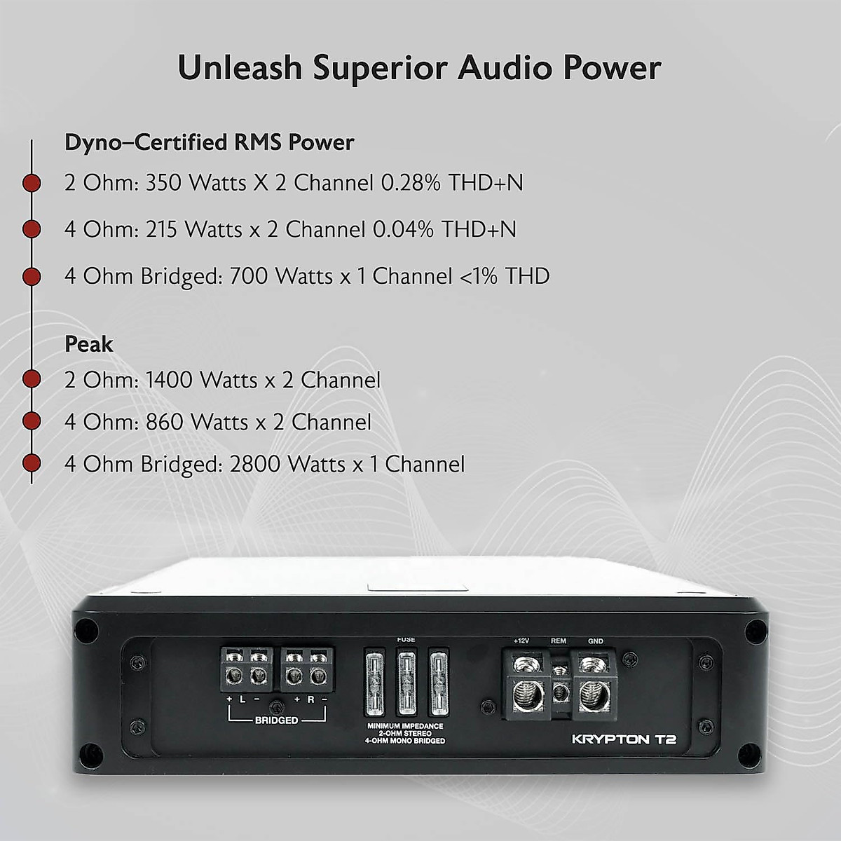 Rockville KRYPTON T2 2800W 2-Channel 2-Ohm Car Amplifier, Dyno-Certified, MOSFET, Adjustable Crossover, Remote Control, Perfect for Car Audio and Subs