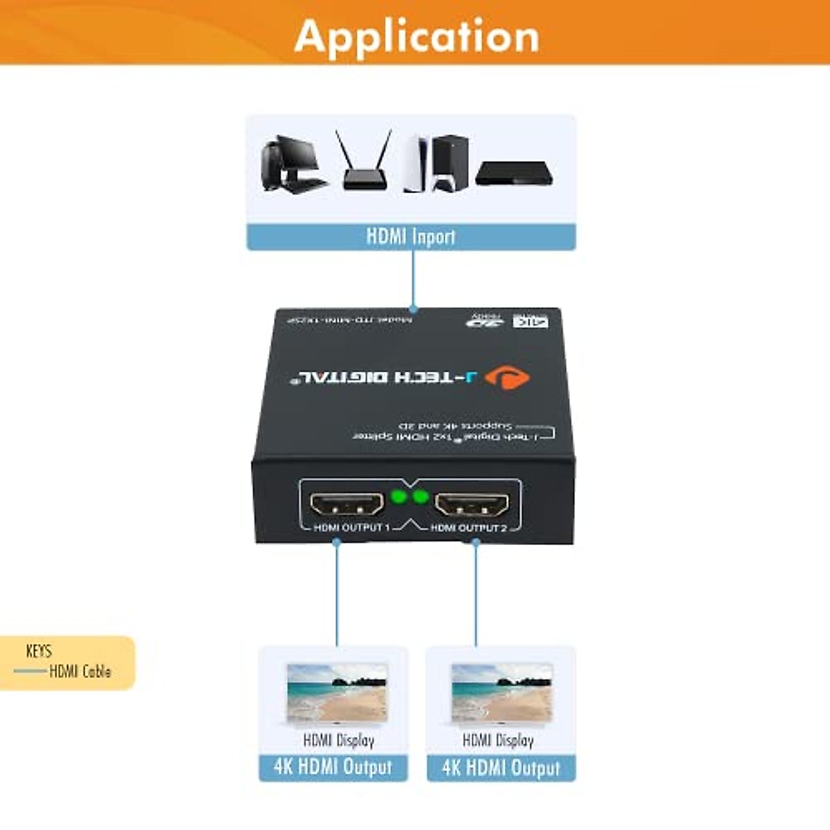 4K HDMI Splitter 1 in 2 out 1X2 Powered Splitter for Dual Monitors by J-Tech Digital Power Adaptor included [JTD-MINI-1X2SP]
