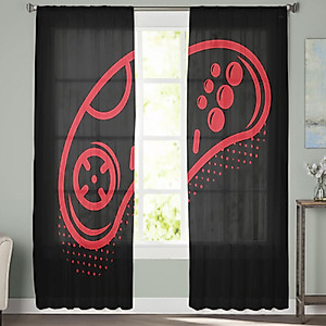 Video Game Window Semi Sheer Curtains for Bedroom Living Room, Red Gamepad Games Controller Gamer Black Rod Pocket Chiffon Voile Sheer Drapes Curtain 72 Inch Length 2 Panels Set