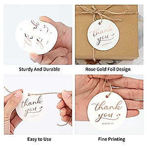 jijAcraft 100Psc Thank You Gift Tags with String,Thank You Tags,Rose Gold Foil Round Tags,Personalized Favor Tags,White Paper Tags for Wedding,Birthday,Baby Shower,Thank You Very Much Gift Tags