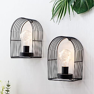 NEWIMAGE Set of 2 Battery Operated Lamp 7''H Unique Cordless Wall Sconce Metal Wall Mount Lamp with 6-Hour Timer and Warm White Fairy Lights Bulb for Home Living Room Bedroom Kitchen Hallway Stairway