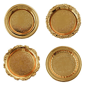 CheeseandU Gold Serving Trays Set of 4, Vintage Metal Gold Towel Tray Dinner Plates Storage Tray Dish Plate Tea Tray Fruit Trays Cosmetics Jewelry Organizer for Birthday Party Wedding, Gold 4inch