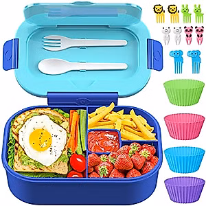 TIME4DEALS Bento Boxes for Adults 44oz - Leakproof 4 Compartments Lunch Containers Kids Bento School Lunch Boxes with Spoon & Fork, Perfect Size for On-the-Go Meal, Microwave and Food-Safe (Blue)