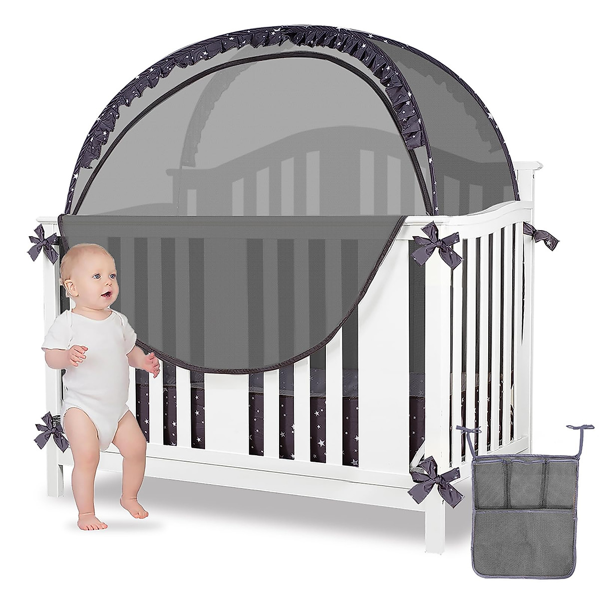 ZXPLO Baby Safety Crib Tent Infant Pop up Mosquito Net Nursery Bed Canopy Netting Cover - Keep Baby from Climbing Out with Hanging Diaper Storage Bag (Dark Gray)