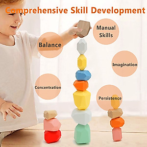 DORLETEM 36PCS Wooden Balancing Stacking Rocks Stones, Building Blocks Set, Montessori Educational Preschool Learning Sensory Toys Lightweight Sorting Wooden Blocks for Kids