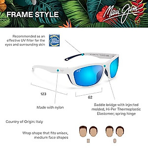 Maui Jim Men's and Women's Nuu Landing Polarized Wrap Sunglasses, White w/Navy Rubber/Blue Hawaii, Medium