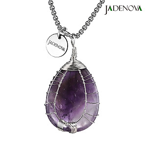 JADENOVA Natural Amethyst Necklace Healing Purple Crystal Necklaces for Women Tree of Family Pendant Family Tree Wire Wrapped Jewelry Energy Healing Teardrop pendant (24 Inches Stainless Steel Chain)