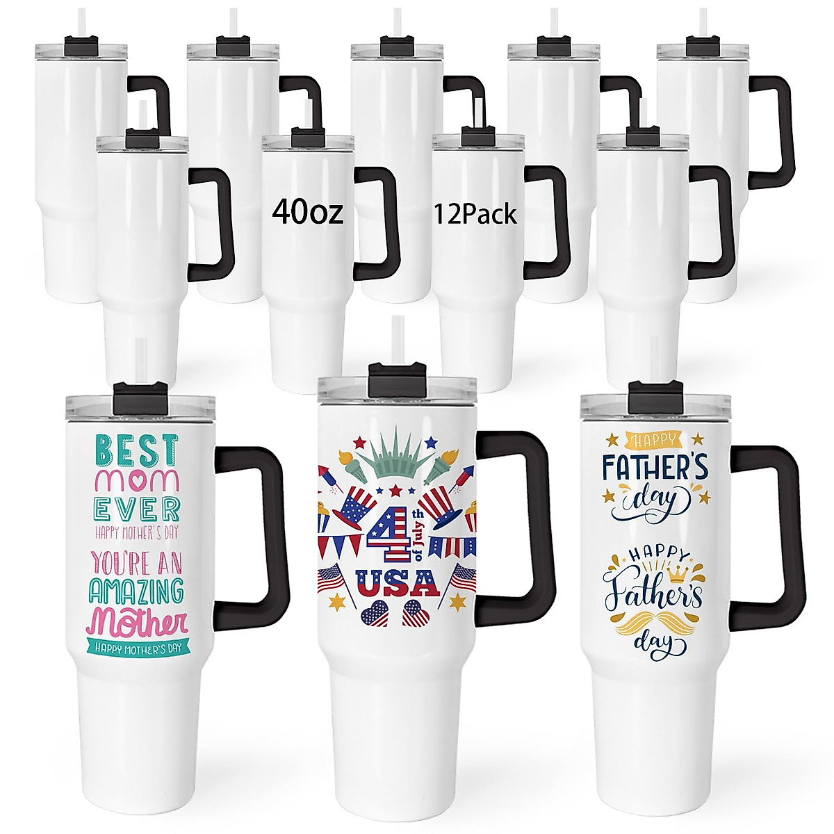 Icesip 40 oz Sublimation Tumblers with Black Handle Lid and Straw 12 Pack Stainless Steel Double Wall Vacuum Insulated Travel Mug Cup Bulk Sublimation Blank for DIY Gift