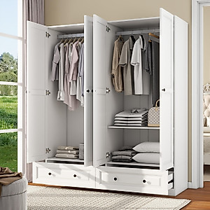 LABROSKIA White Armoire Wardrobe Closet with 4 Drawers: 74" Bedroom Wardrobe Closet for Hanging Clothes, Wood Cabinet for Clothes with 4 Doors, Armoire with Shelves(White, 63")