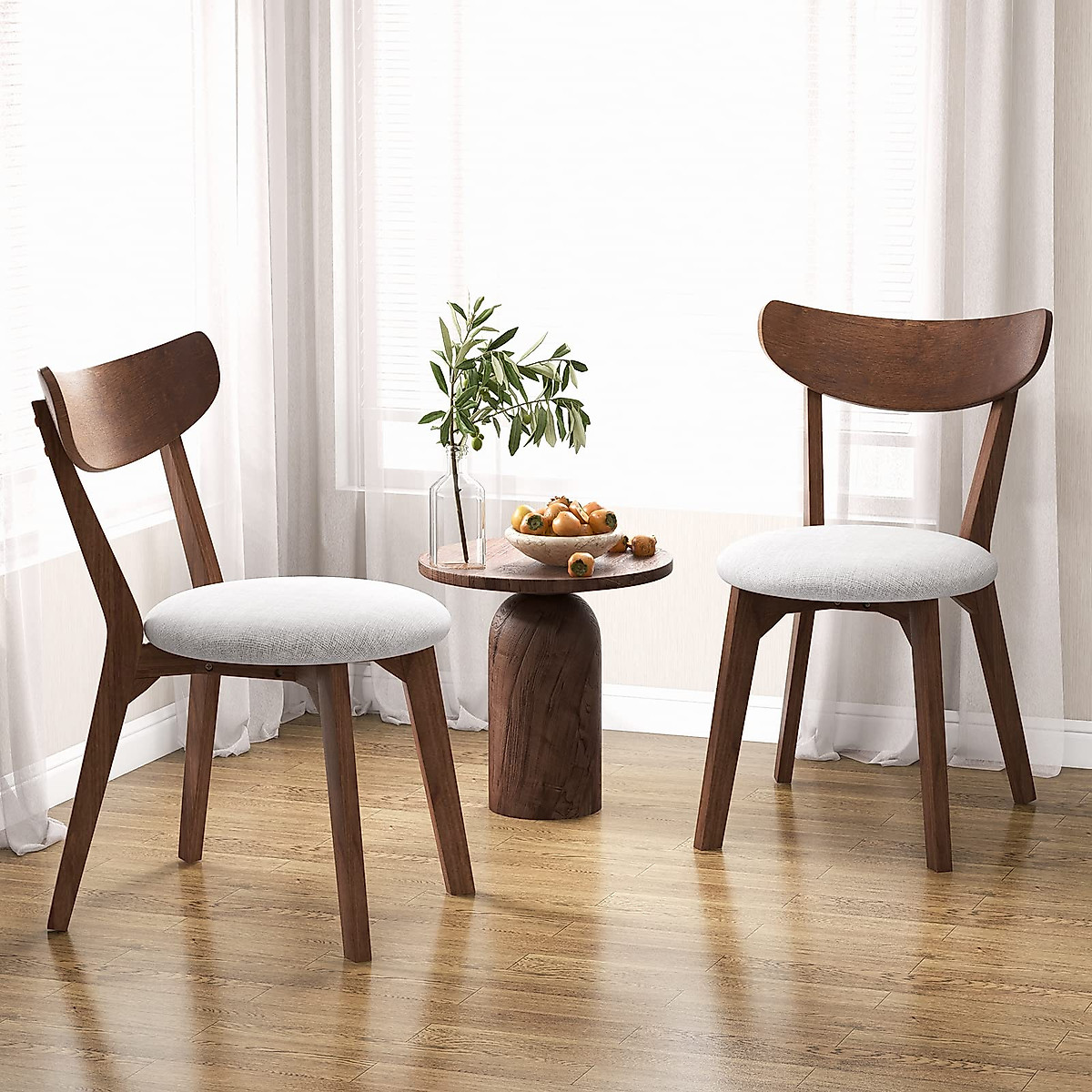 COSTWAY Dining Chairs Set of 2, Mid-Century Modern Kitchen & Dining Chairs with Curved Back and Cushioned Seat, Walnut Finished Wood Living Room Side Chairs for Kitchen, Dining Room, Bistro