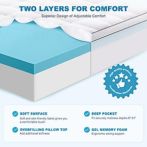 MASVIS King Size Dual Layer 4 Inch Memory Foam Mattress Topper, 2 Inch Gel Memory Foam and 2 Inch Cooling Pillow Top Mattress Pad Cover for Back Pain, Medium Support