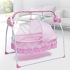 Guaopom Electric Baby Crib Cradle, 0-25Kg Big Space Auto Rocking Chair Chair Bed, 5 Speed with Remote Control Infant Musical Sleeping Basket Baby Cradle for 0-18 Months Newborn Babies (Pink)