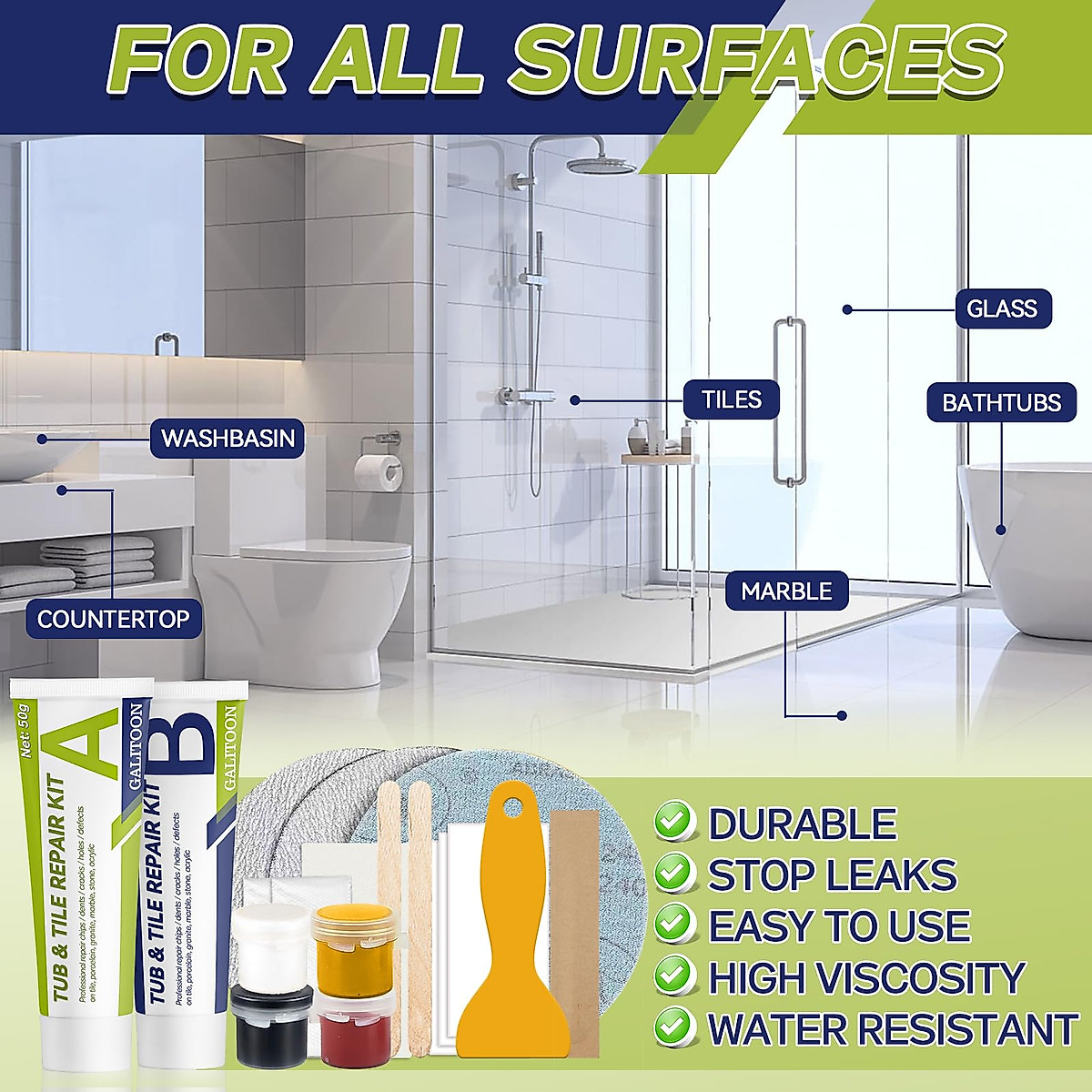 Porcelain Repair Kit, Fiberglass Tub Repair Kit, Shower Sink, Bathtub and Countertop Tile Repair Kit, Repair Chips Dents Cracks Scratches from Ceramic, Marble, Quartz, Resin, Acrylic (White)