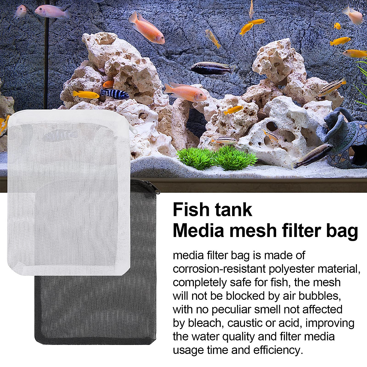 Molain Aquarium Filter Bags- 10Pcs High Flow Fish Tank Media Mesh Filter Bag Fine Mesh Net with Plastic Zipper for Fish Tank Bio Balls, Pelletized Carbon -Mesh Hole 1mm (5Pcs Black+5Pcs White)