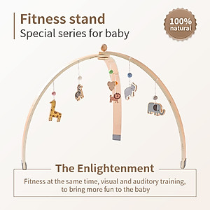 Wooden Baby Gym Foldable Baby Play Gym Frame Activity Center Hanging Bar with Cute Animals Toys for Sensory Exploration and Motor Skill Development, Newborn Gift for Girls Boys（Without Play Mat）