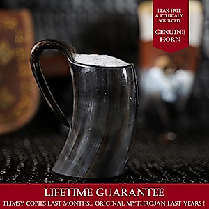 Mythrojan Black Viking Horn Ale Mug, Medieval Knight Renaissance Mead Ale Larp Cosplay Horn Tankard Set of 2