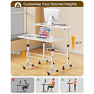 JHMYHO Portable Rolling Desks with Wheels Adjustable Height Small Laptop Desk Small Standing Desk for Small Space Uplift Mobile Work Desk on Wheels White