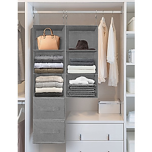 8-Shelf Hanging Closet Organizer with 2 Drawers, 3-Shelf and 5-Shelf Separable Closet Hanging Organizer,Fabric Cloth Hanging Shelf with 2 Sturdy Hooks for Home Clothes Toy Storage, Gray