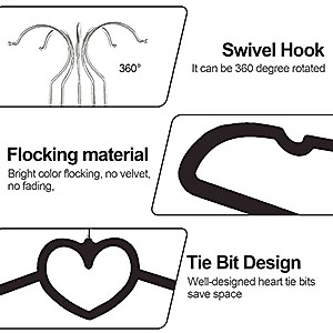 Velvet Hangers Pack of 20, Non Slip Standard ​Clothing Adult Heart-Shaped Clothes Hanger, Notches 360 Degree Swivel Hook Felt Hangers, for Heavy Coats, Jackets, Office Suits,Undergarments,Black