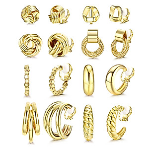 FIBO STEEL 8Pairs Gold Clip On Earrings for Women Chunky Clip on Hoop Earrings for Non Pierced Twist Knot Clip Earrings No Piercing Fake Earrings Set