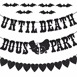 Gueevin 3 Pcs Til Death Do Us Part Banner Bride or Die Banner for Halloween Bachelorette Decoration Gothic Black Heart Bridal Shower Banner Day of The Dead Letter Including 36 Paper Cutouts