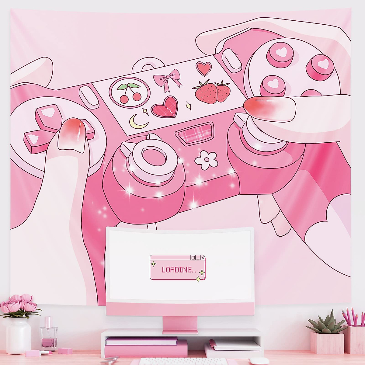 Pecfamly Cutecore Cute Pink Kawaii Anime Tapestry for Bedroom Teen Girl, Cutecore Kawaii Gamer Girl Anime Room Home Decor (59" x 51")