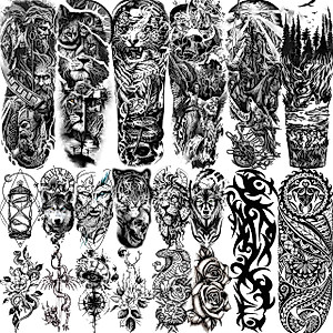 VANTATY 20 Sheets Extra Large Full Arm Temporary Tattoos For Men Adults, Tiger Snake Leopard Lion King Temporary Tattoos Sleeve For Women, Temp Waterproof Fake Tattoo Stickers For Kids Warrior Tatoos