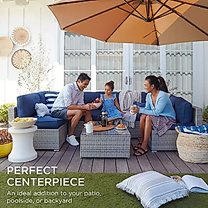 Best Choice Products 7-Piece Modular Outdoor Sectional Wicker Patio Furniture Conversation Sofa Set w/ 6 Chairs, 2 Pillows, Seat Clips, Coffee Table, Cover Included - Gray/Navy